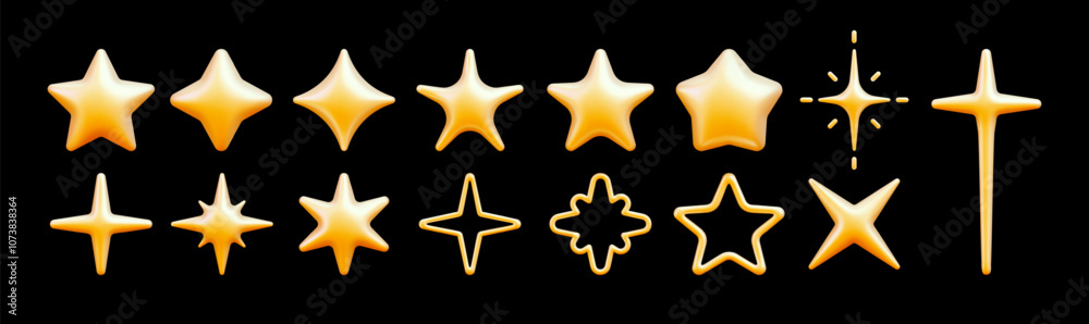 Pack of golden 3D stars. Cartoon realistic yellow plastic star, with ...