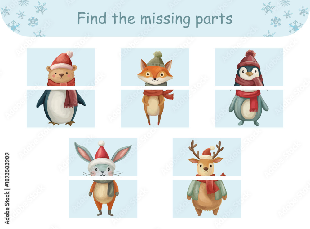 Find the missing partsof animals Christmas educational game Activity ...
