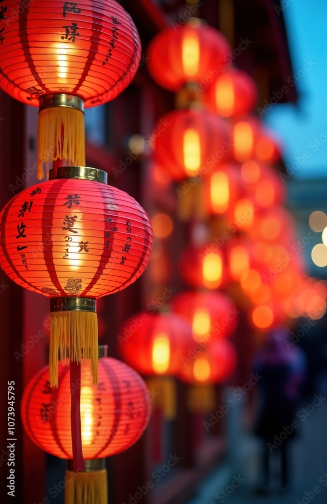 Red lanterns with chinese characters are hung on a string along a wall ...