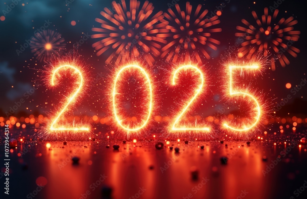 Sparkling fireworks illuminate the night sky with the glowing numbers ...