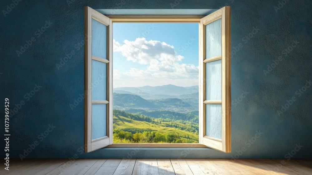 An open window frames a stunning view of hills and clouds, inviting a ...