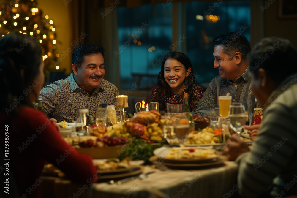 Happy Latino Hispanic Family Eating Thanksgiving Dinner Meal Together at Dining Room Table Stock ...