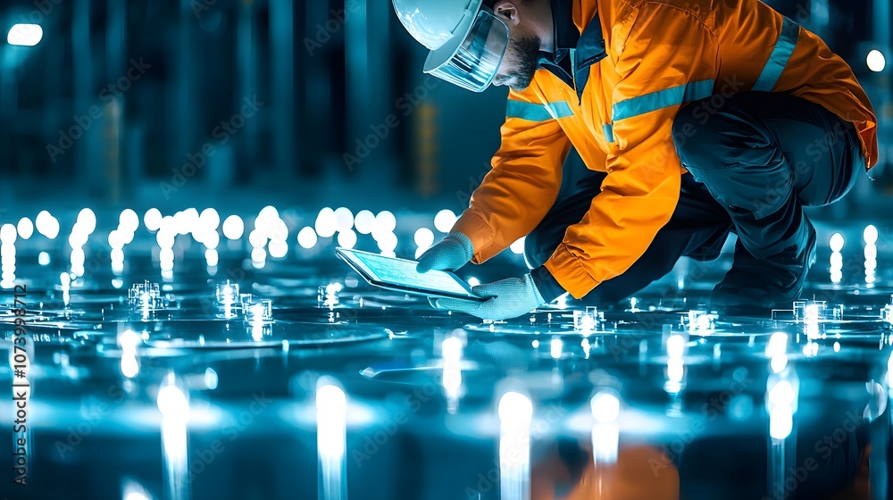 Nighttime industrial site scene, a chemical engineer using a tablet to ...