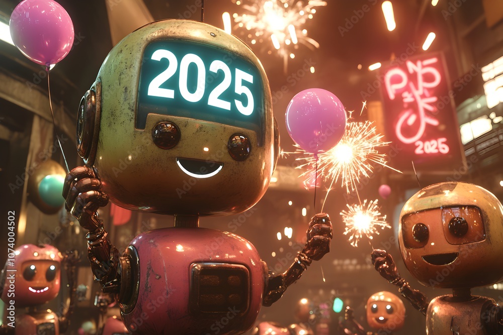 Happy robots holding balloons and sparklers with digital number 2025 ...