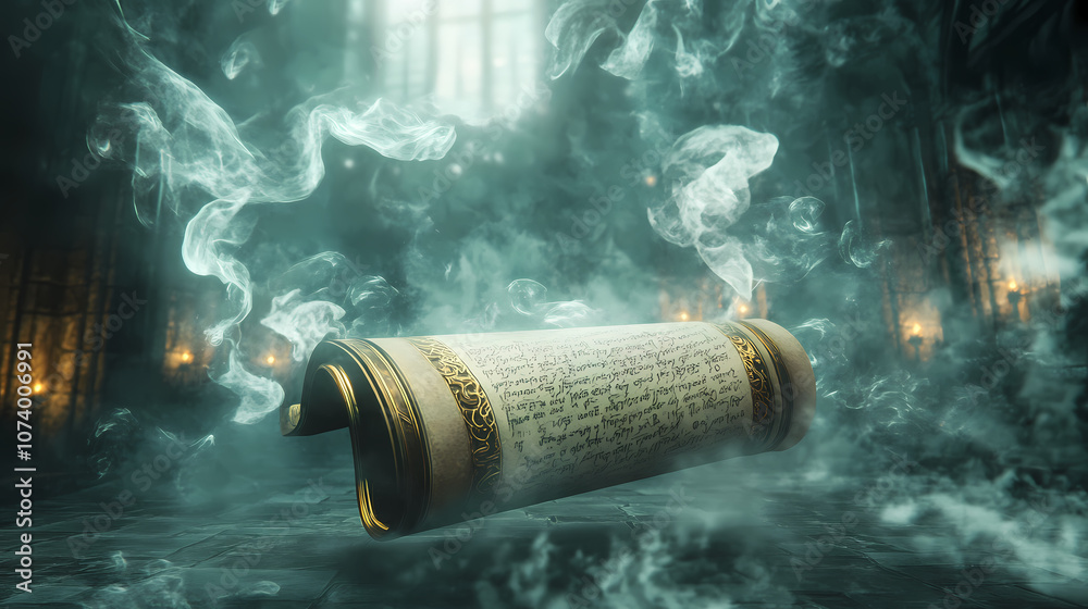 Magical scroll floating in mid-air surrounded by swirling arcane ...