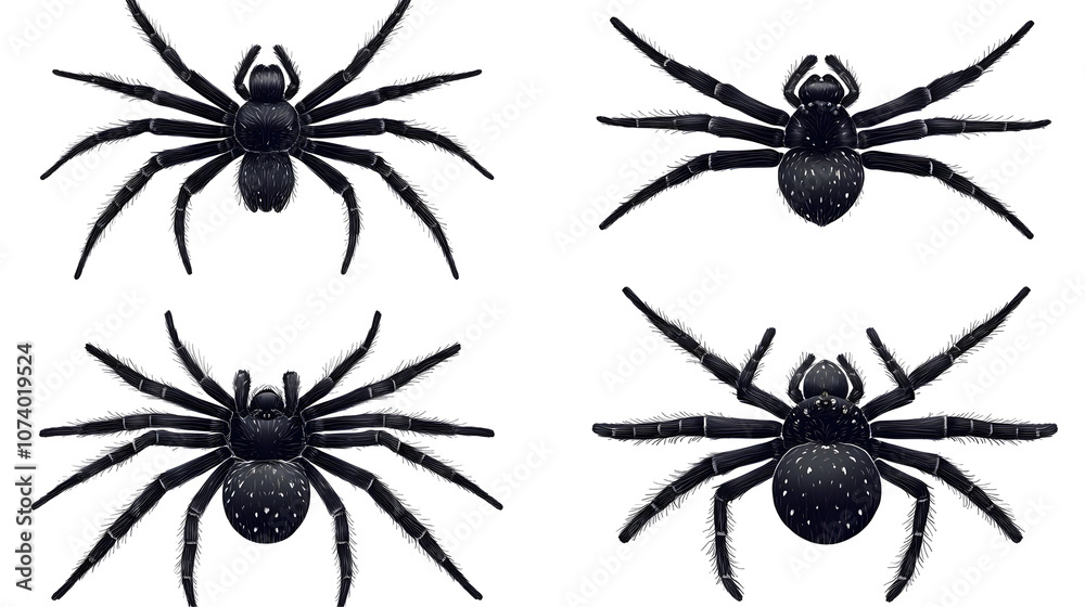 Four Black Spiders with White Spots on Their Bodies, Showing the Bottom ...