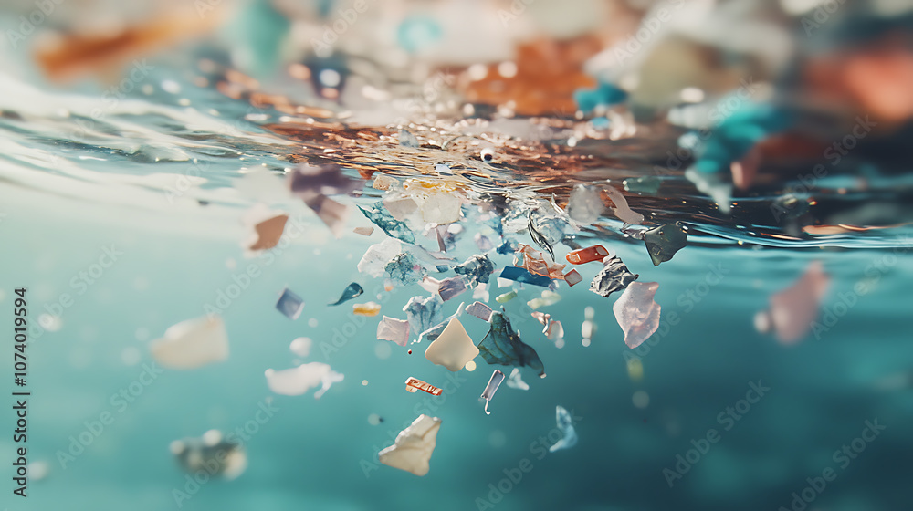 Close-up of microplastics floating in clear water, highlighting the ...