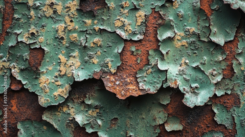 Heavily rusted metal sheet, green and red oxidation details, worn ...