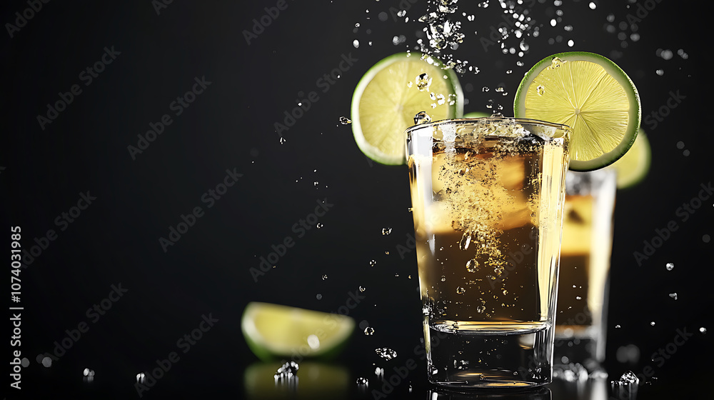 Elegant tequila shot glasses toasting with dramatic splash on sleek ...