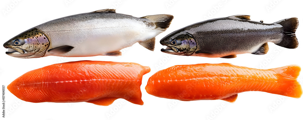 Ilustración de Stock Two whole salmon and two salmon fillets are ...