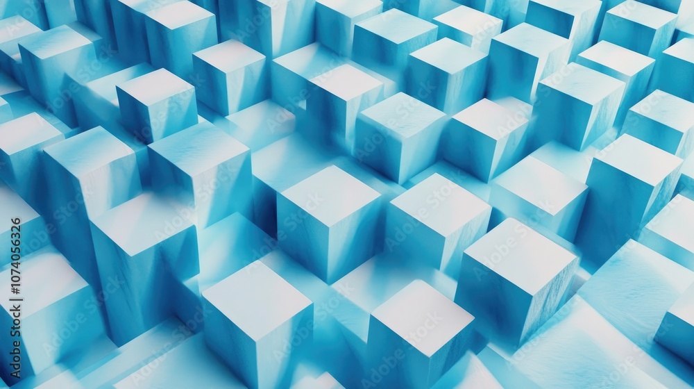 3D illustration featuring rows of blue cubes and stripes creating a ...