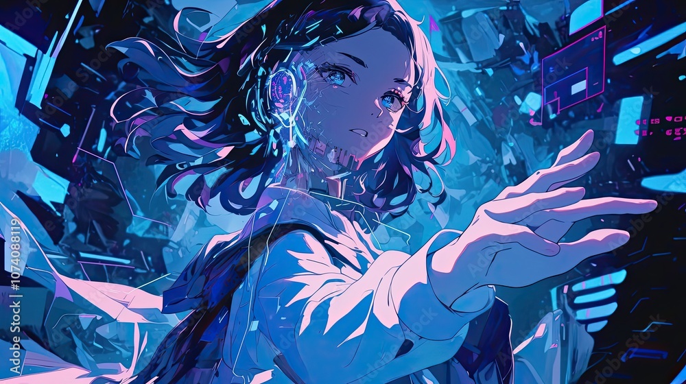 Anime Girl with Cyborg Modifications Reaching Out in a Neon Blue and ...