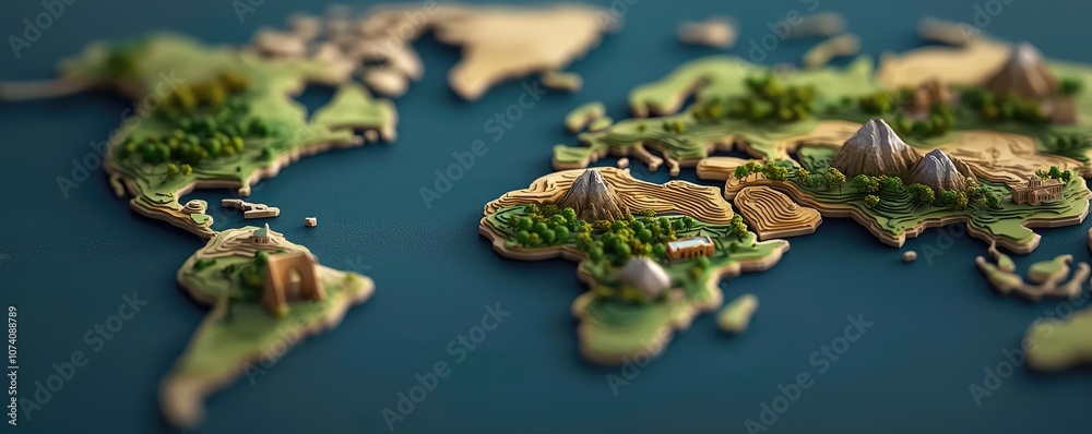 Colorful world map with elevated terrains and natural landscapes. Stock ...