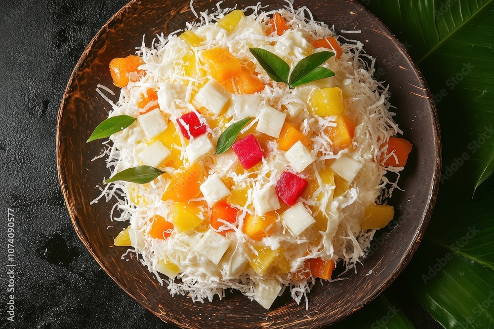 Aerial perspective of Buko Salad a Filipino dessert featuring fresh ...