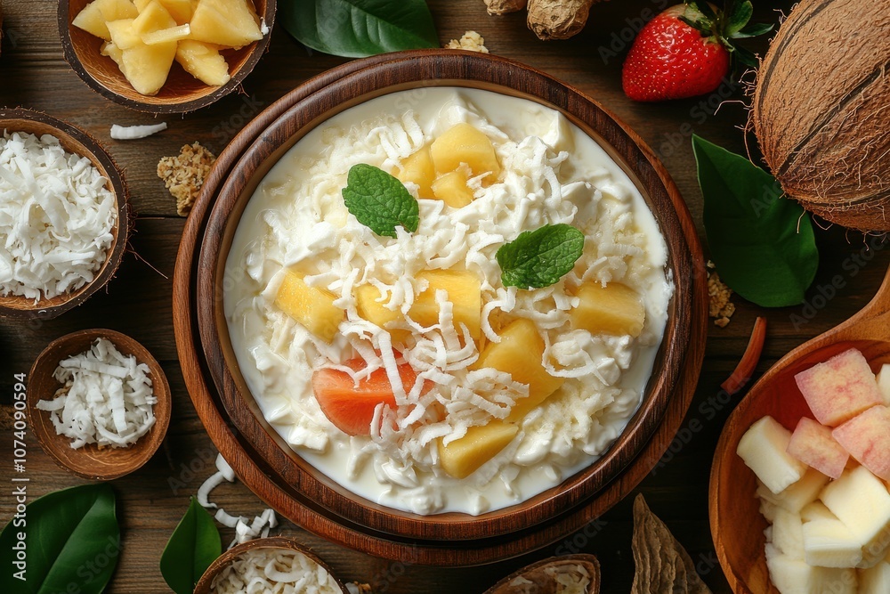 Aerial perspective of Buko Salad a Filipino dessert featuring young ...