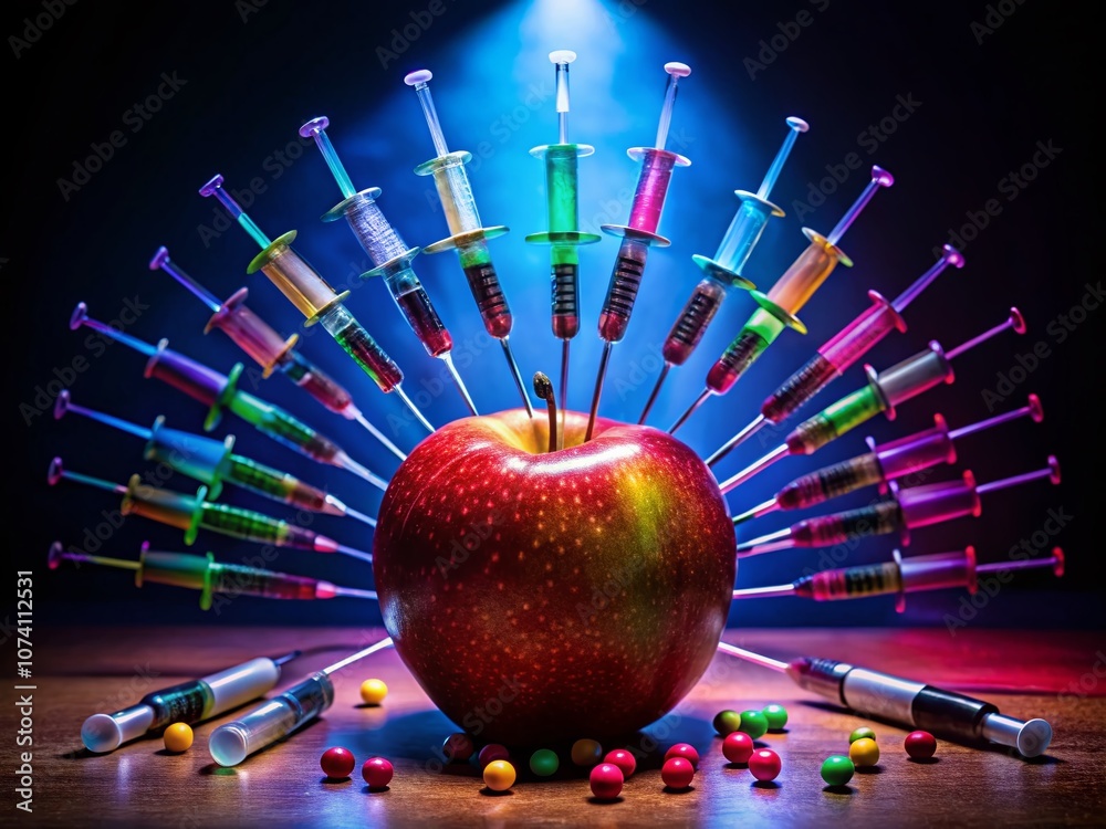 Low Light Photography of a GMO Apple Surrounded by Hypodermic Needles ...