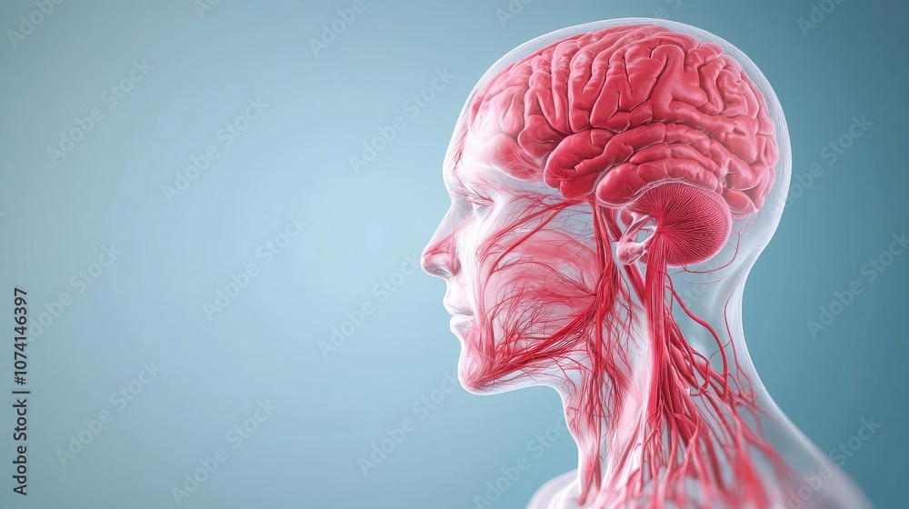 Detailed anatomical illustration of the human head with highlighted ...