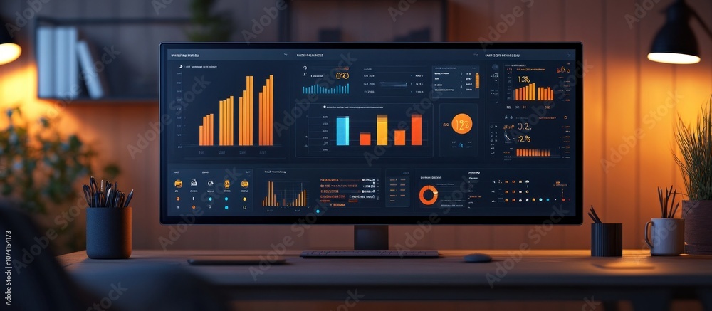 A desktop computer with a large monitor displaying a dashboard with ...