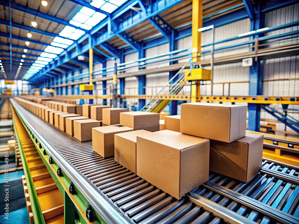 Stacked Cardboard Boxes on Conveyor Line in Package Production Facility ...