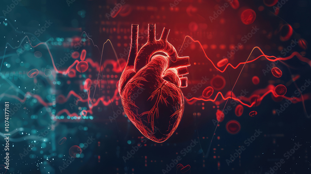 Human heart with cardio pulse line chromosome and Flowing red blood ...