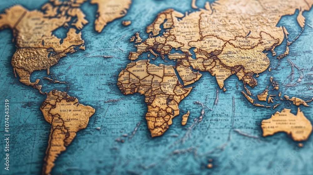 Close-up of a detailed world map with country names and small ...