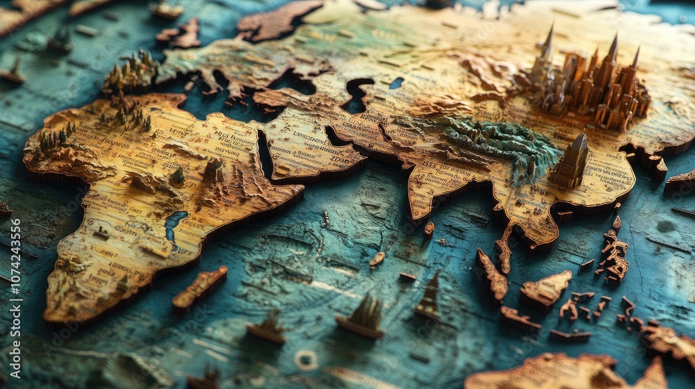 Close-up of a detailed world map with country names and small ...
