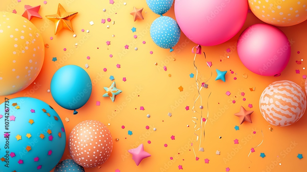 Decorative birthday card design with a combination of balloons, stars ...