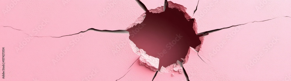 Pink broken concrete wall or ground. Realistic 3d cracks and holes ...