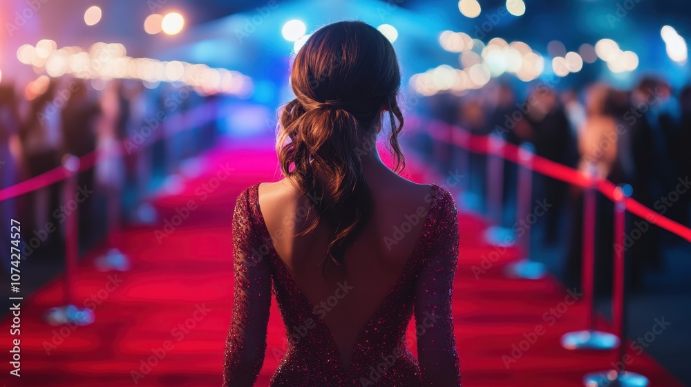 Woman in a stunning red evening gown gracefully walks down a glamorous ...
