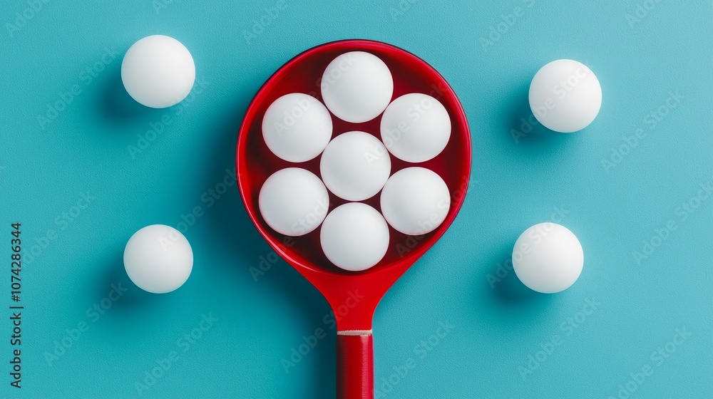 Minimalist red table tennis racket with perfectly round white balls ...