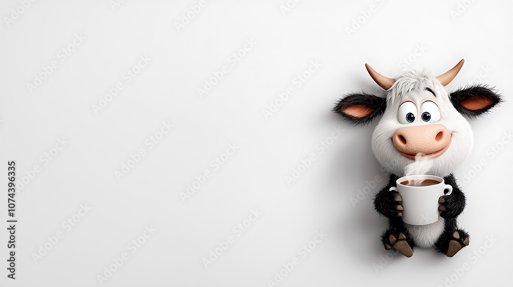 A cartoon cow holding a cup of hot coffee, steam rising from the cup ...