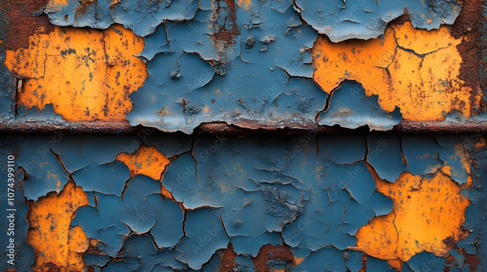 Rough industrial surface with heavy rust and chipped paint, bold blue ...