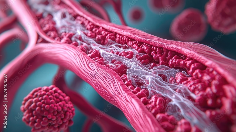 Detailed illustration of a red blood vessel, showing cells and plasma ...