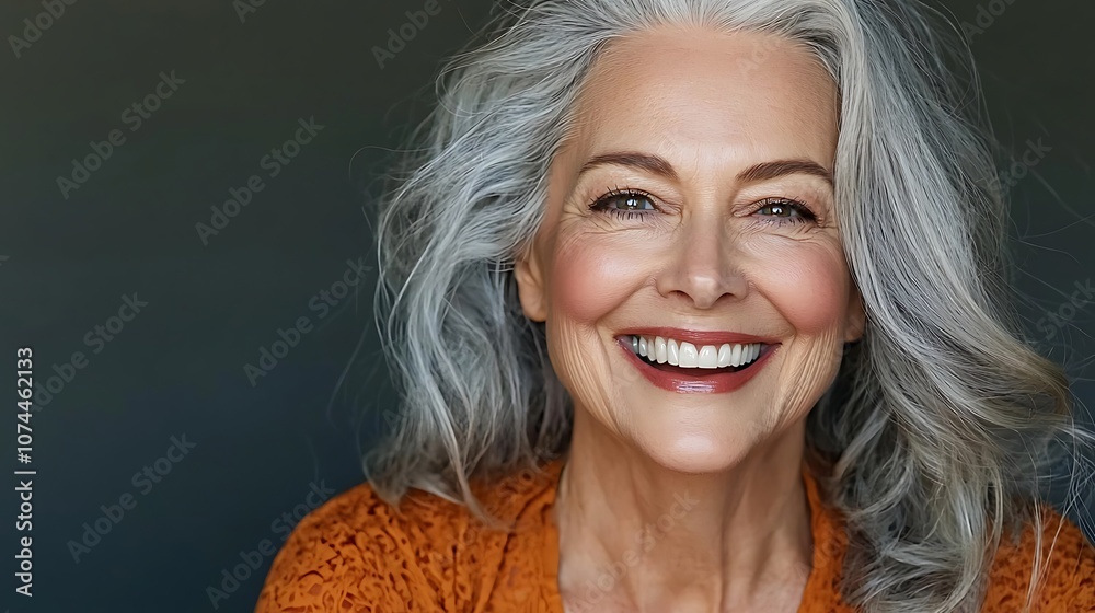 The beautiful 50s mid age senior model woman with grey hair exudes ...