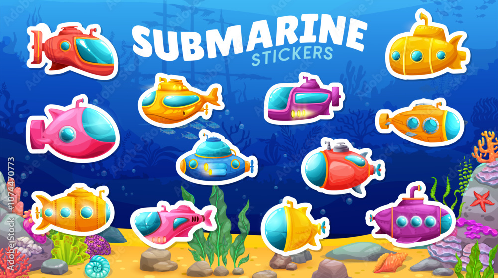 Cartoon submarine yellow underwater ships stickers pack. Vector kids ...