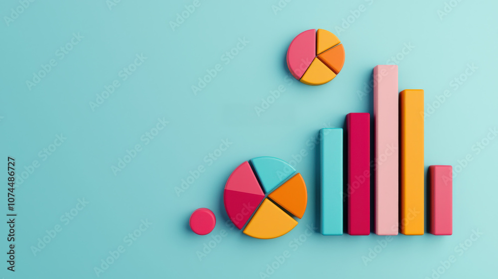 Colorful bar graphs and pie charts on light blue background create ...