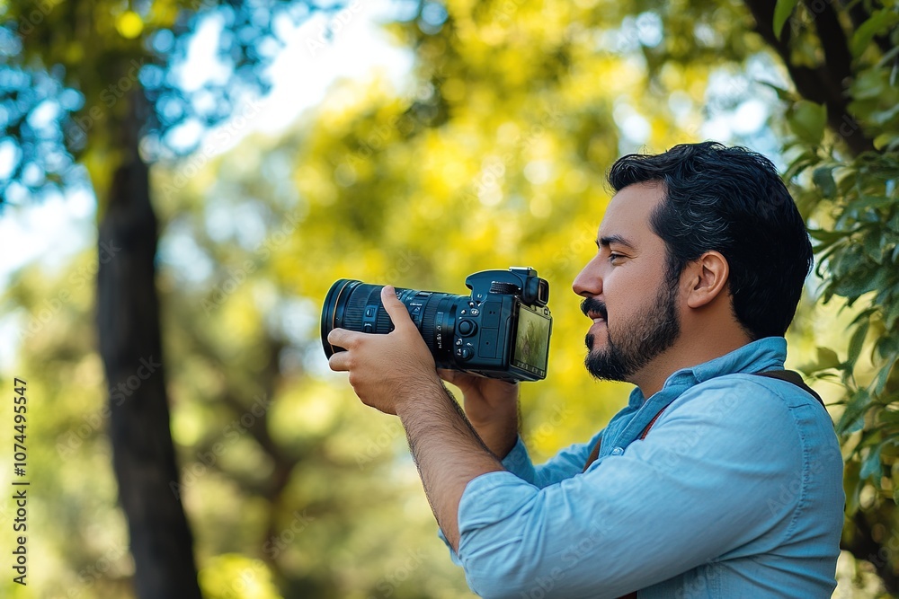 Man captures moment with camera outdoors Stock Photo | Adobe Stock