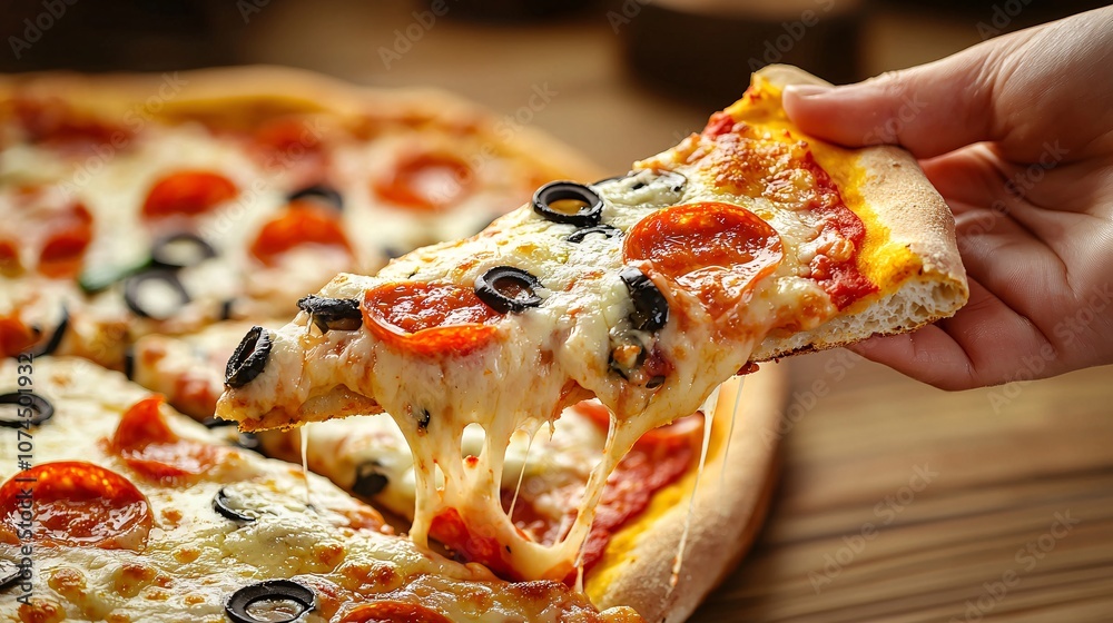 Hand holding a gourmet pizza slice, fingers gripping the crust to ...