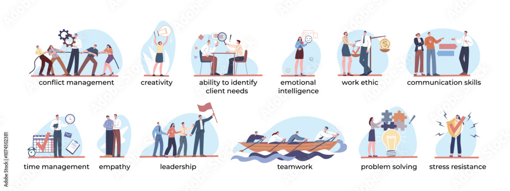 Soft skills characters. Individual abilities for corporate working, creativity empathy ...