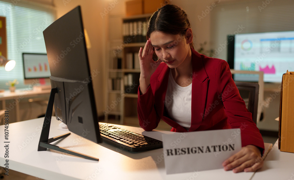 Attractive Asian businesswoman is sitting at a desk holding a ...