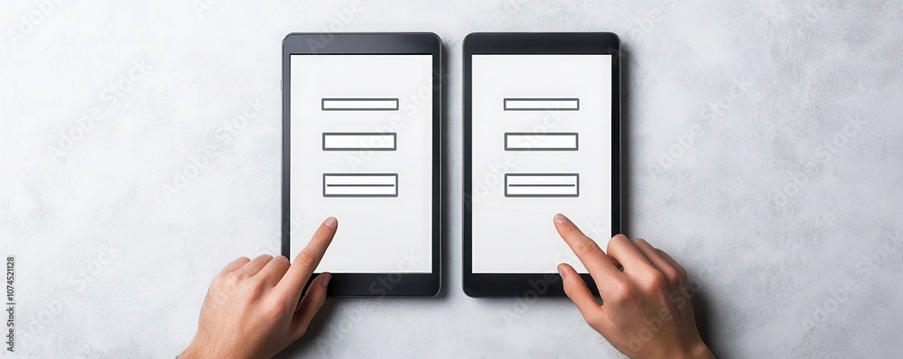 Two tablets display similar interface layouts, with fingers interacting ...