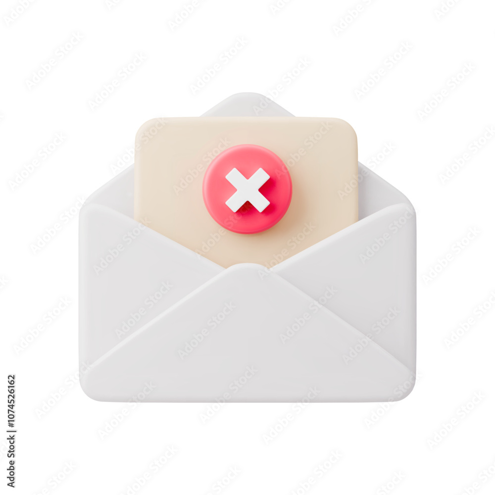 3D white mail with cancel icon. Realistic envelope with paper sheet and ...