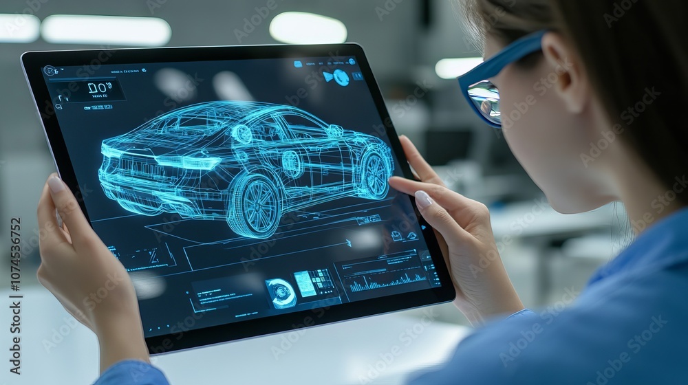 Female automotive engineer using a digital tablet with augmented ...