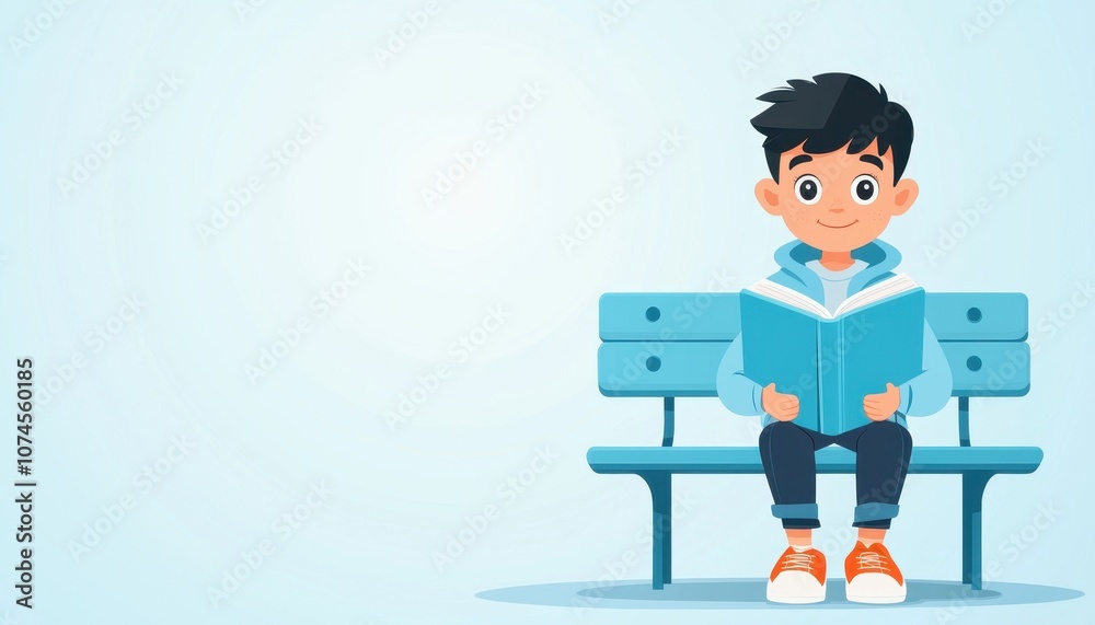 Explore the joy of reading cartoon child enjoying a giant textbook in a ...