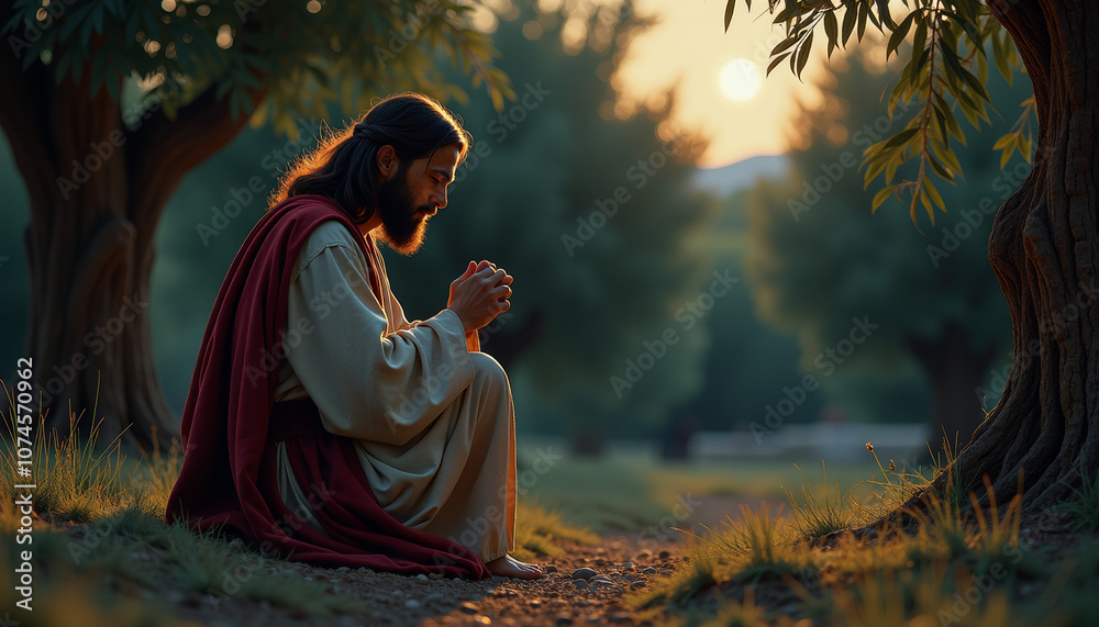 Jesus praying in the tranquil Garden of Gethsemane at sunset ...