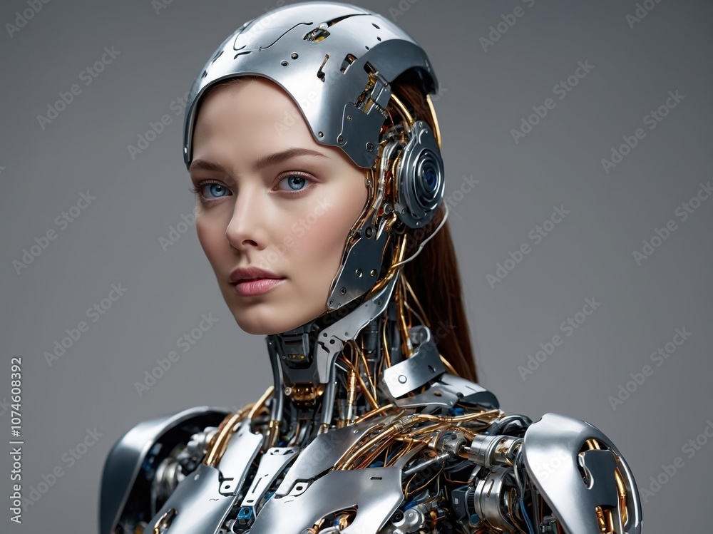 A close-up of a humanoid woman’s face, with futuristic features, smooth ...