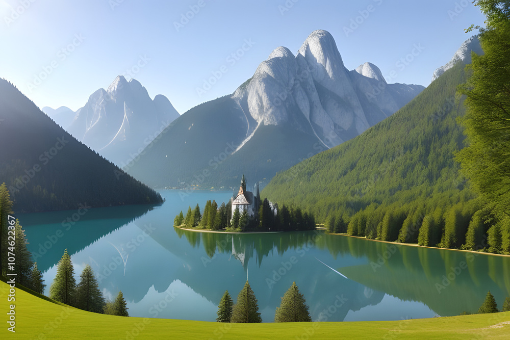Scenic image of fairy-tale Mountain lake under sunlit. Amazing Nature ...