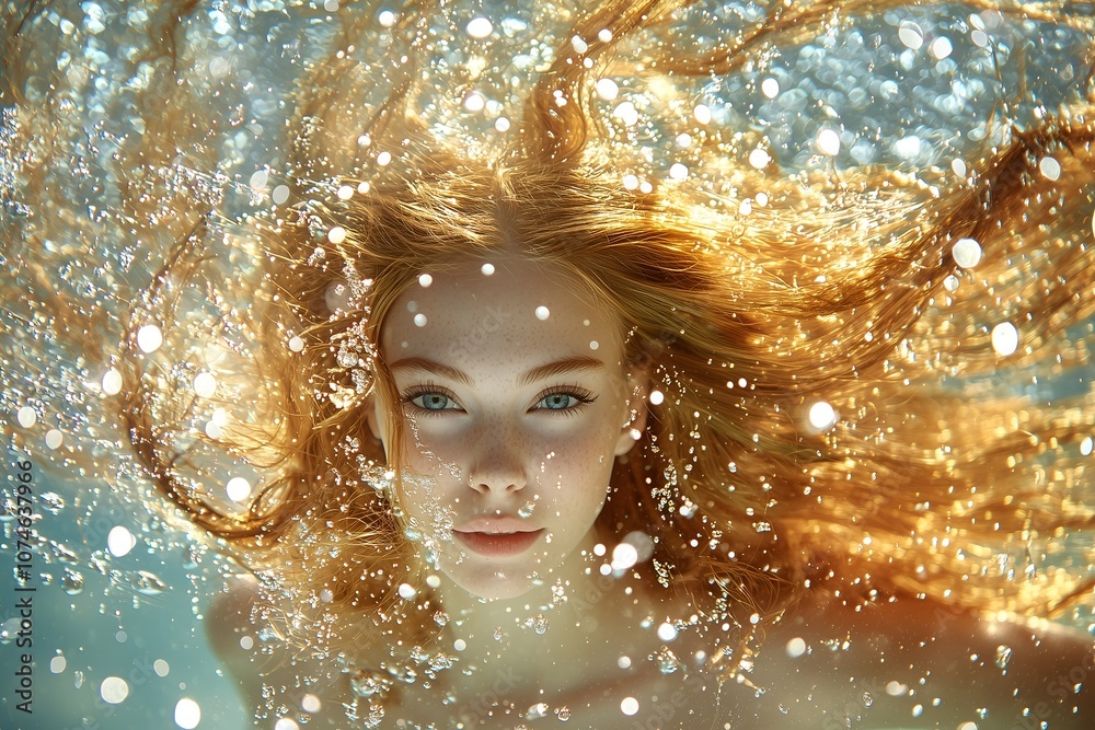 Young beautiful mermaid with long red hair swimming underwater in clear ...