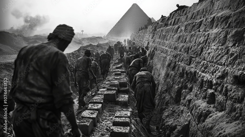 Epic wide-angle shot of pyramid construction with workers hauling stone ...
