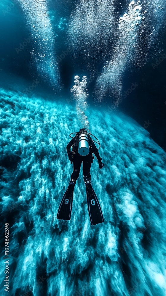 Realistic Underwater View of Scuba Diver Exploring the Edge of the ...